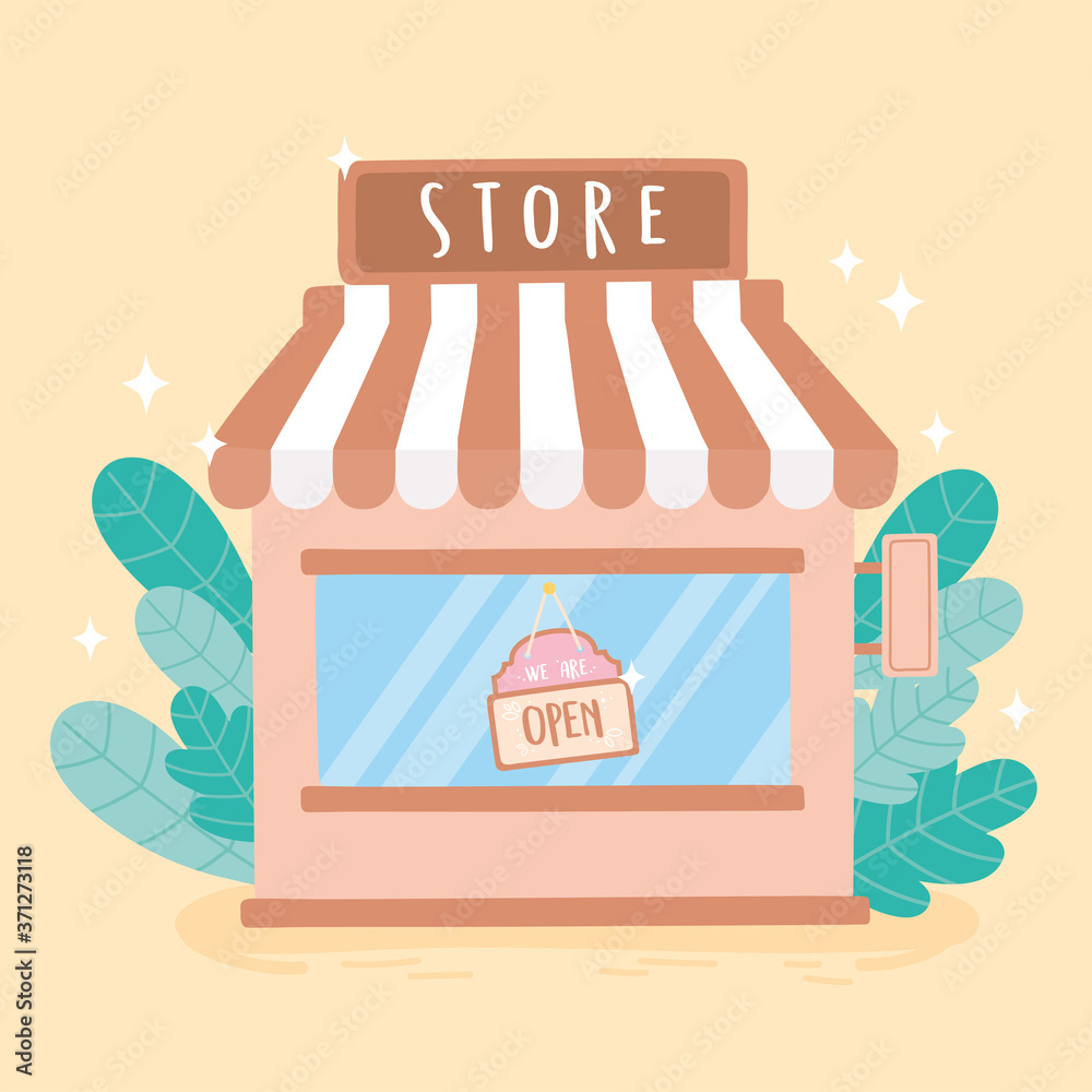 we are open sign, store exterior window board and leaves foliage Stock ...