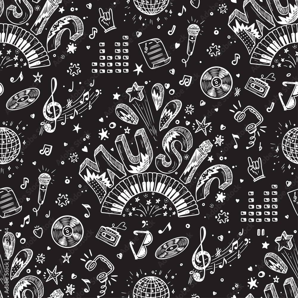 Vector Music background. Seamless pattern with Hand drawn doodle Word ...