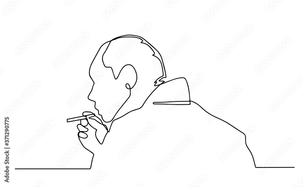 Smoking old man sitting on a bench one line illustration. A man with ...