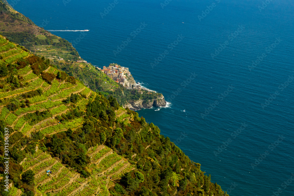 View of the Mediterranean coast of Liguria, Italy featuring steep ...