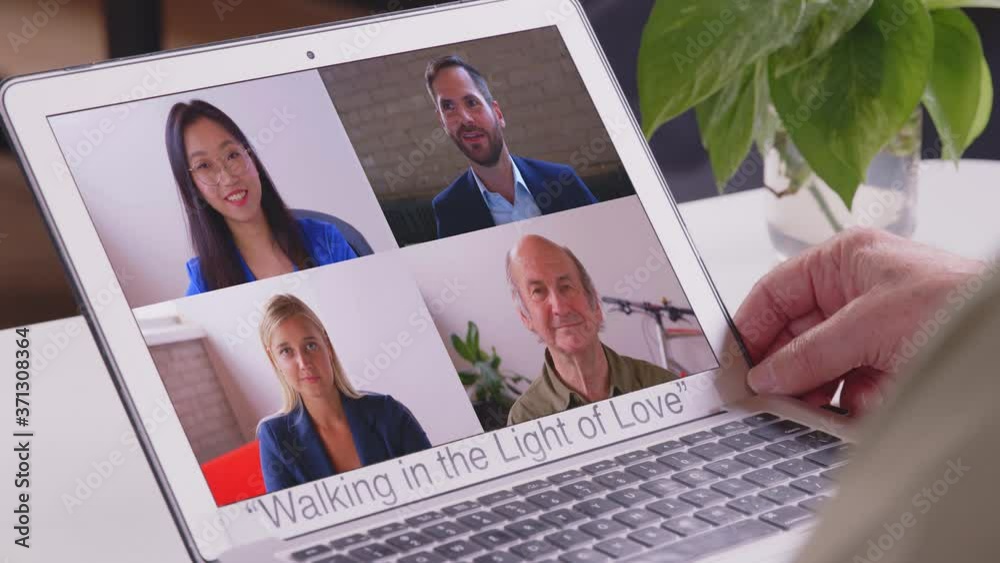 Webcam company team meeting concept. Remote caucasian employee ...