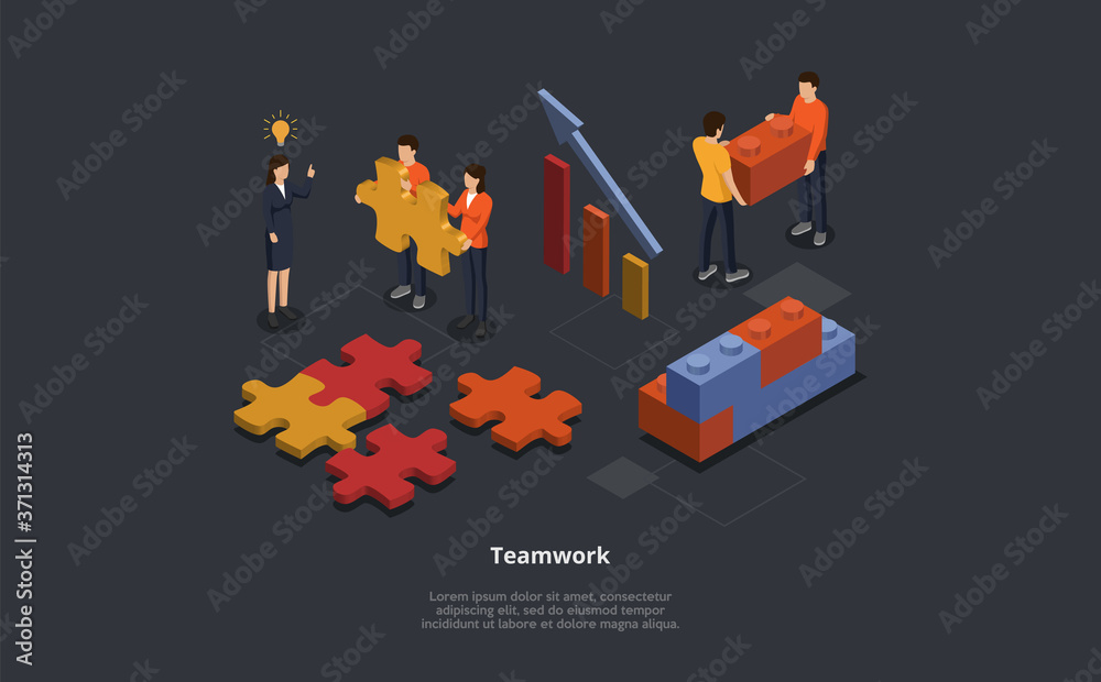Teamwork Concept Isometric Illustration. Vector Composition In 3D Style ...
