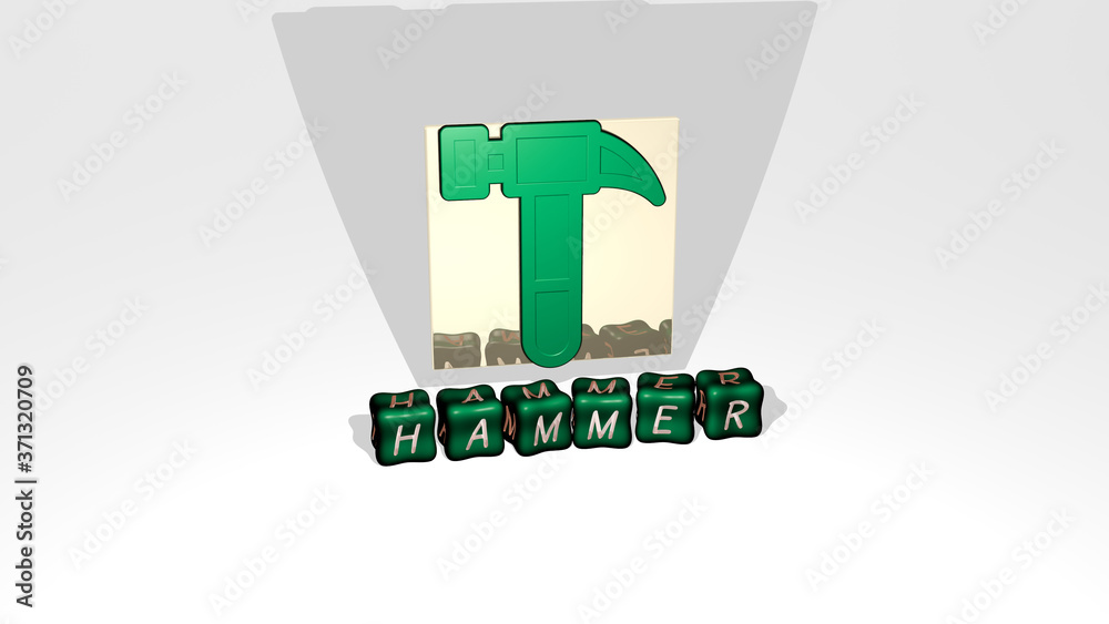 3D illustration of hammer graphics and text made by metallic dice ...