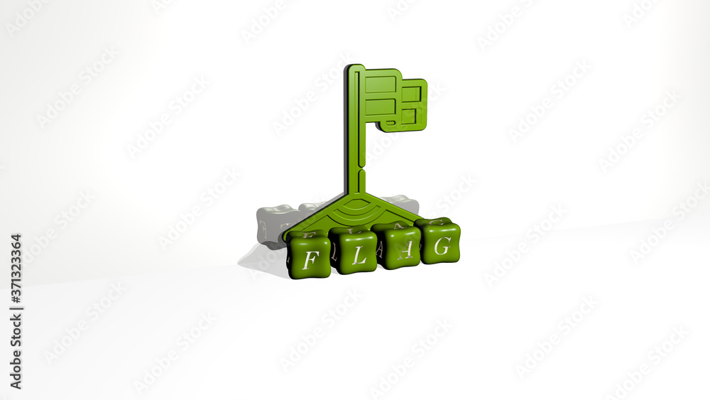 3D graphical image of flag vertically along with text built by metallic ...