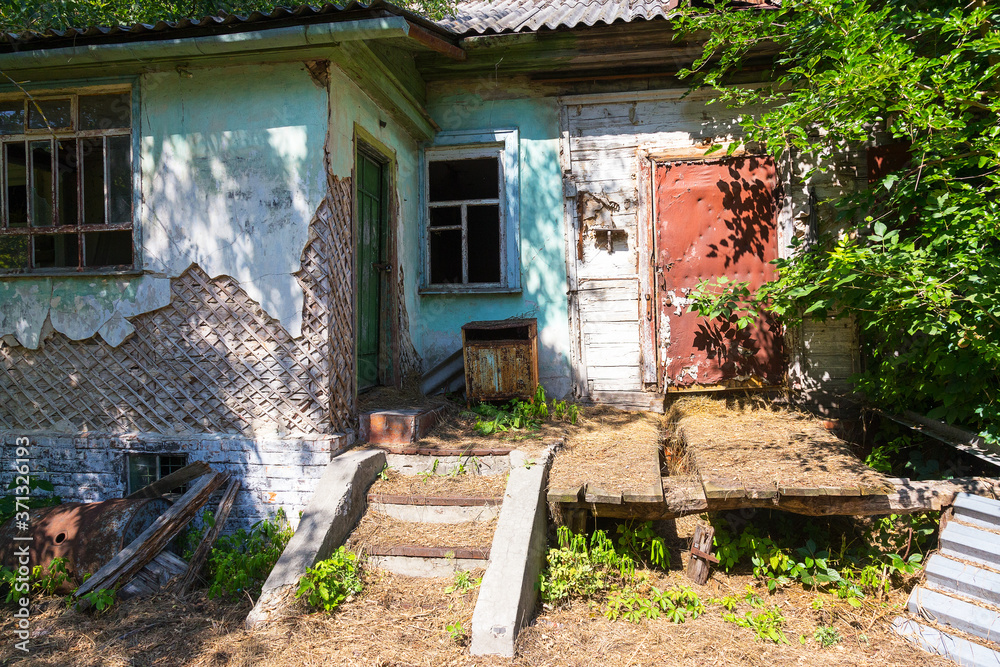 Chernobyl radioactive contamination. Overgrown of plants streets of ...