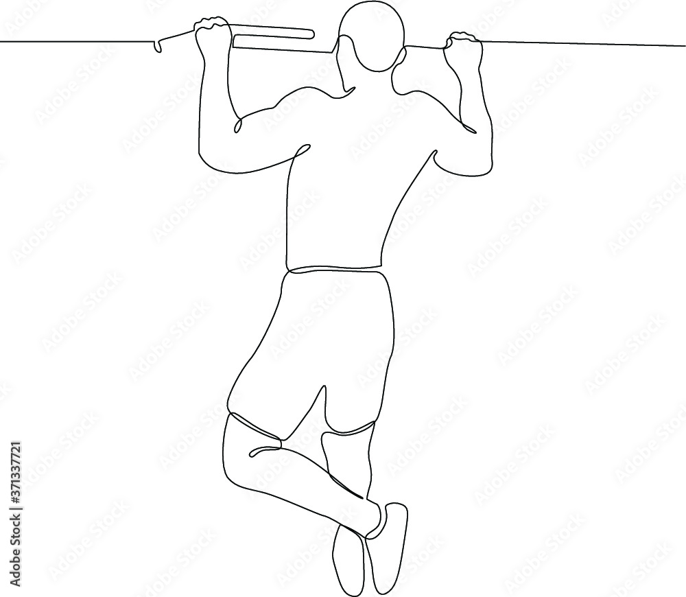 One continuous line drawing of young strong model man bodybuilder posed. Fitness center gym logo ...