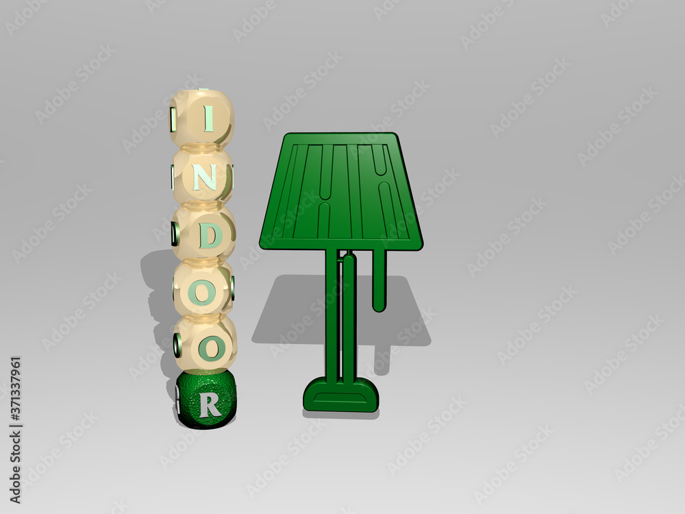 3D representation of INDOOR with icon on the wall and text arranged by ...