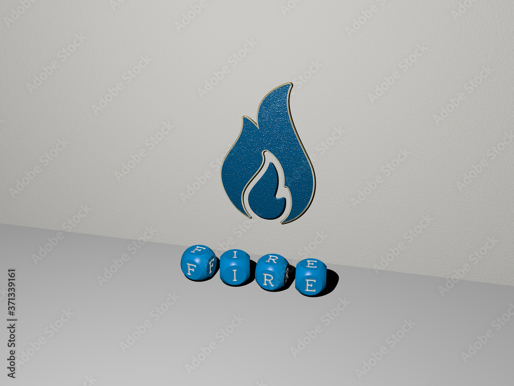 3D representation of FIRE with icon on the wall and text arranged by ...