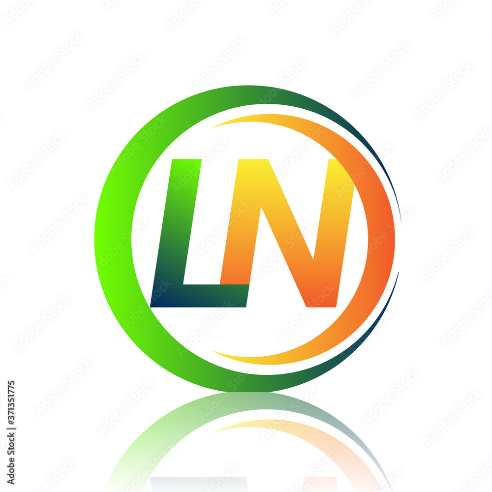 initial letter logo LN company name green and orange color on circle ...