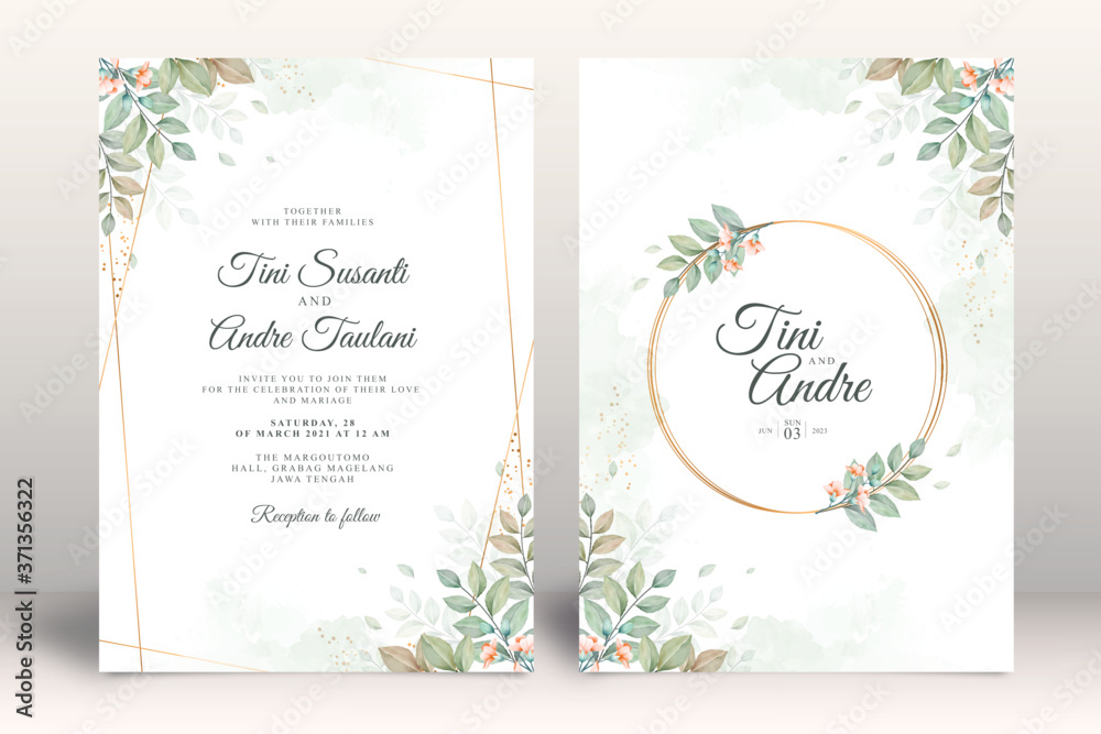 Wedding invitation set template with leaves watercolor Stock Vector ...