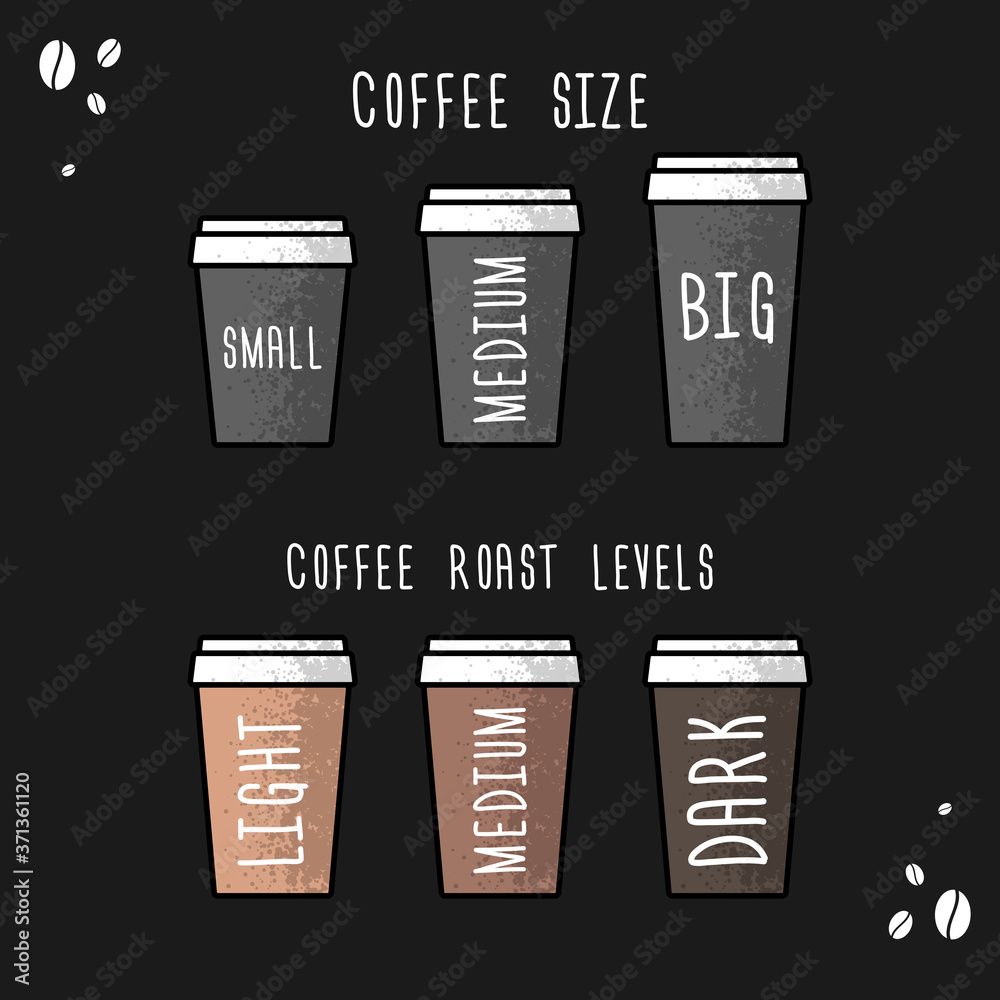 Poster Coffee cup size and coffee roast levels. Vector flat ...