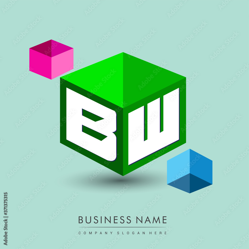 Letter BW logo in hexagon shape and green background, cube logo with ...