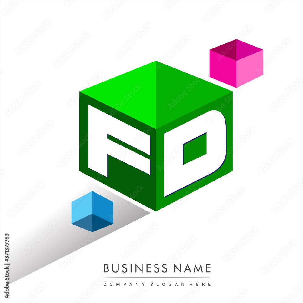 Letter FD logo in hexagon shape and green background, cube logo with ...