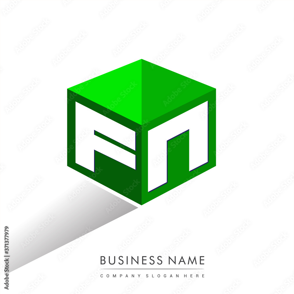 Letter FN logo in hexagon shape and green background, cube logo with ...