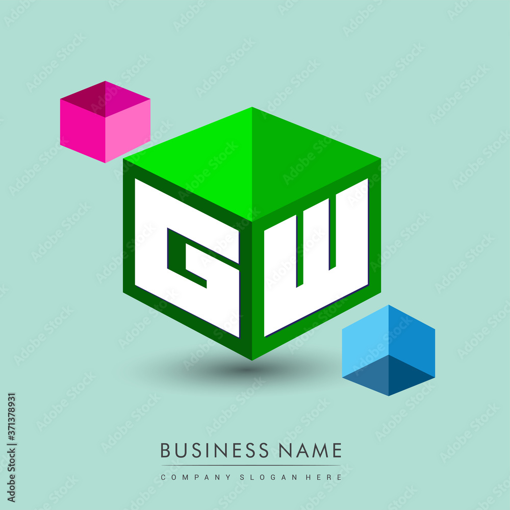 Letter GW logo in hexagon shape and green background, cube logo with ...