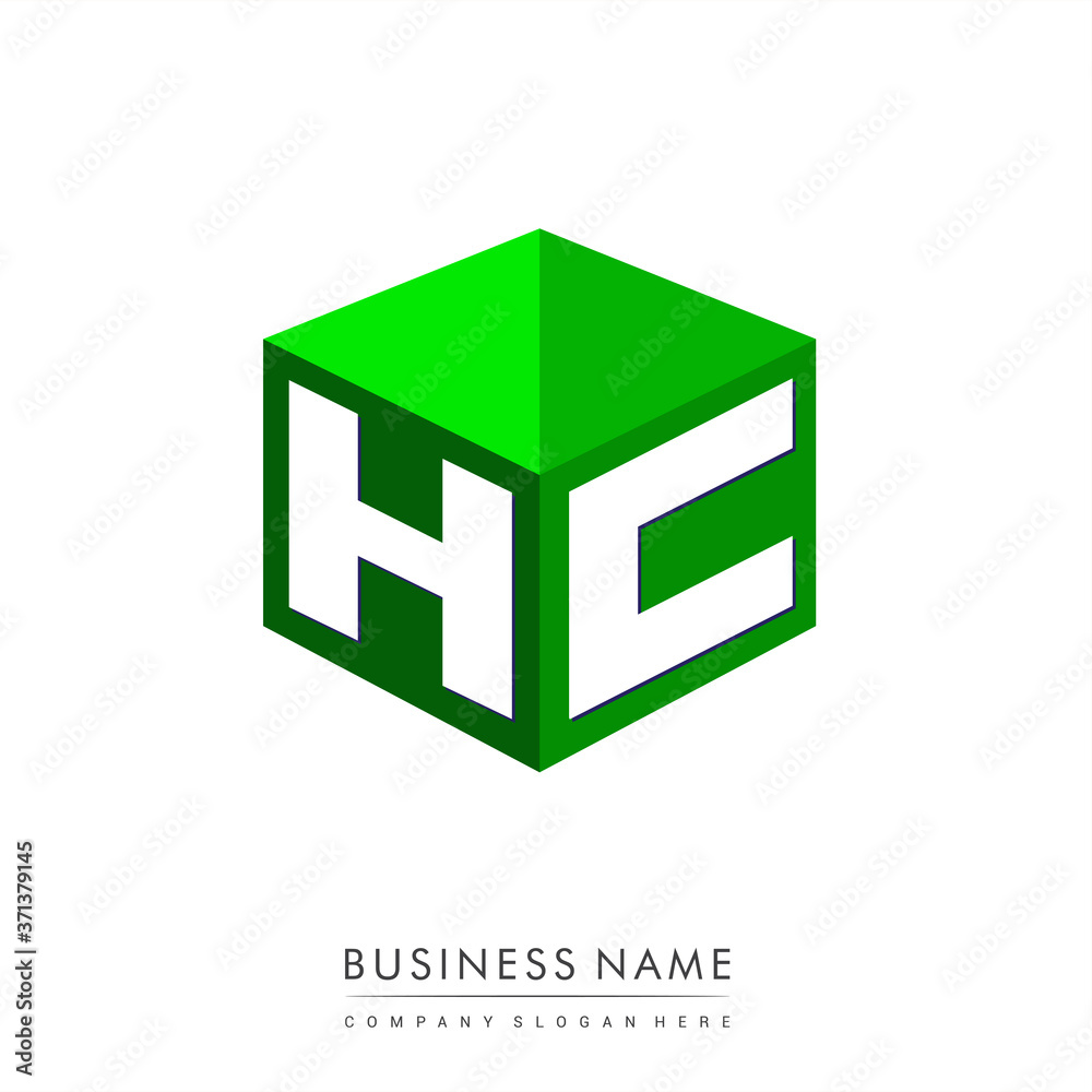 Letter HC logo in hexagon shape and green background, cube logo with ...