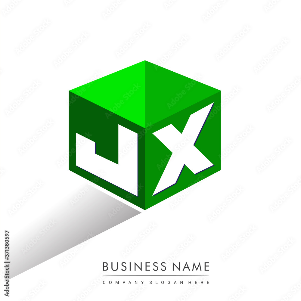 Letter JX logo in hexagon shape and green background, cube logo with ...