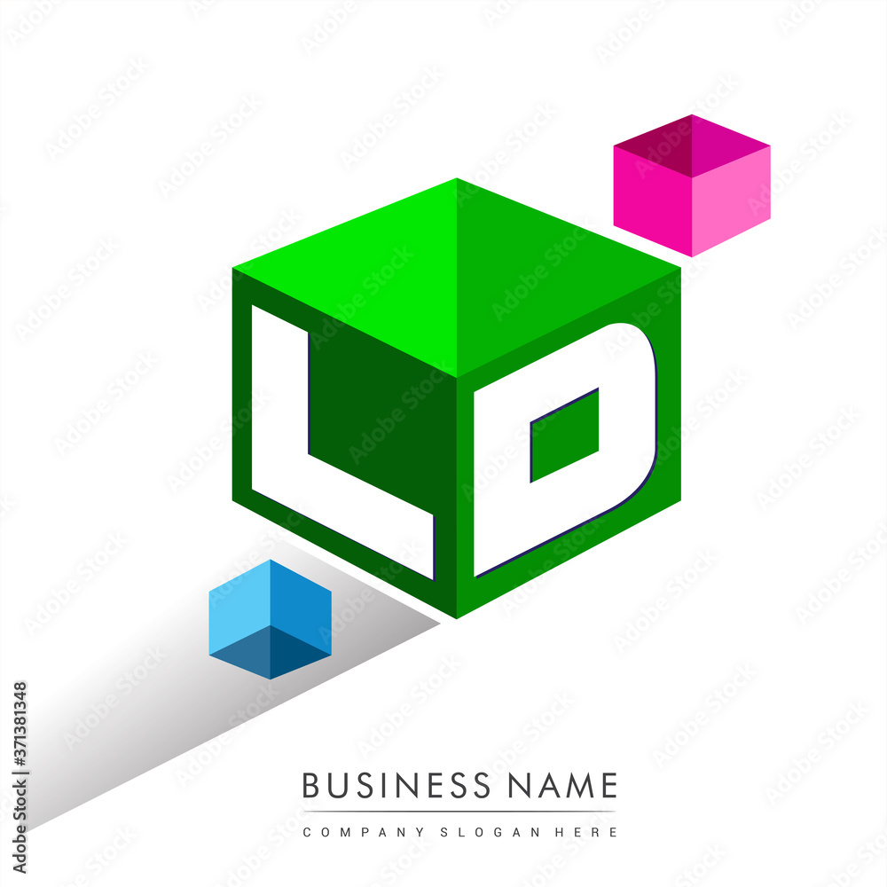 Letter LD logo in hexagon shape and green background, cube logo with ...