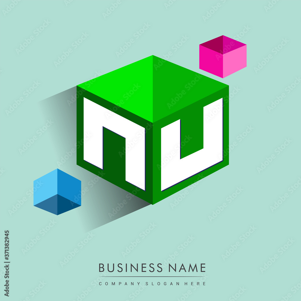 Letter NU logo in hexagon shape and green background, cube logo with ...