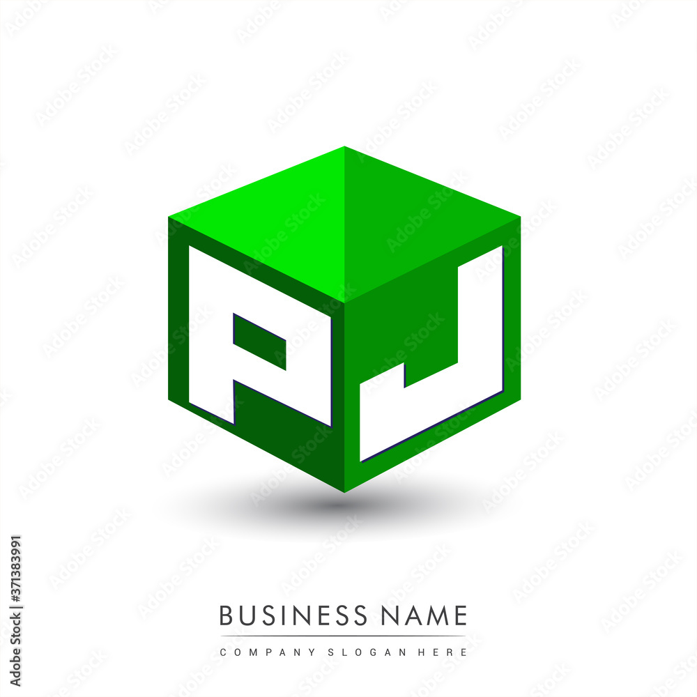 Letter PJ logo in hexagon shape and green background, cube logo with ...
