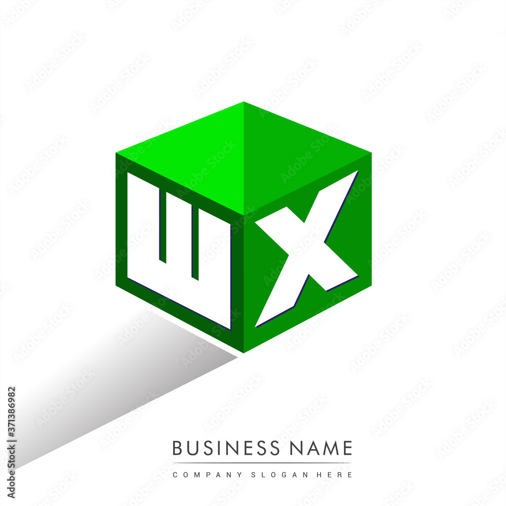 Letter WX logo in hexagon shape and green background, cube logo with ...