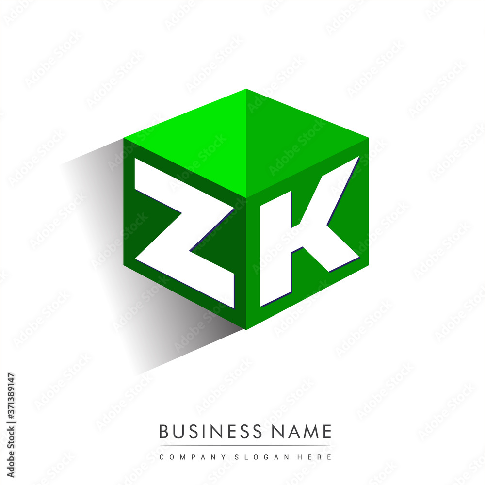 Letter ZK logo in hexagon shape and green background, cube logo with ...