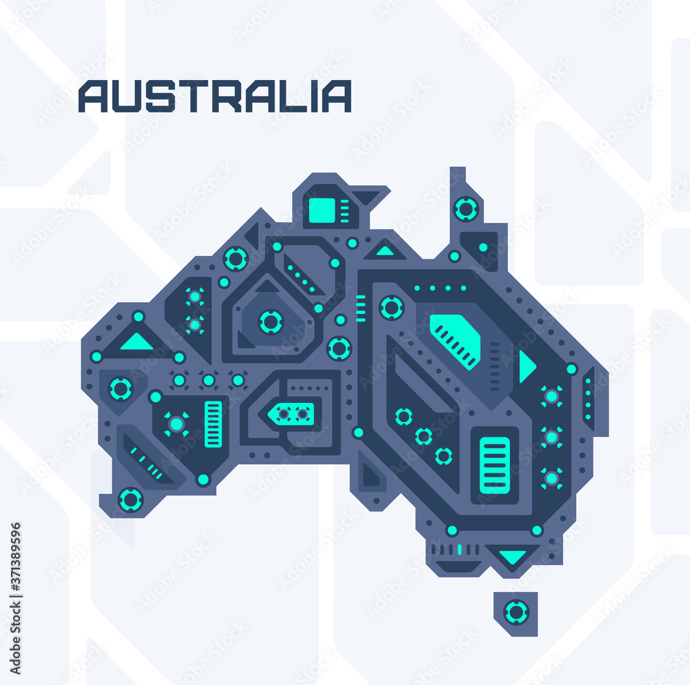 Abstract futuristic map of Australia. Mechanical circuit of the country ...