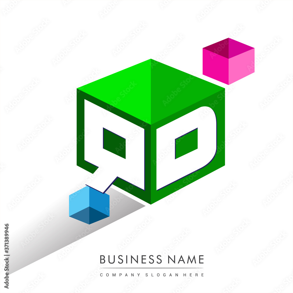 Letter QD logo in hexagon shape and green background, cube logo with ...