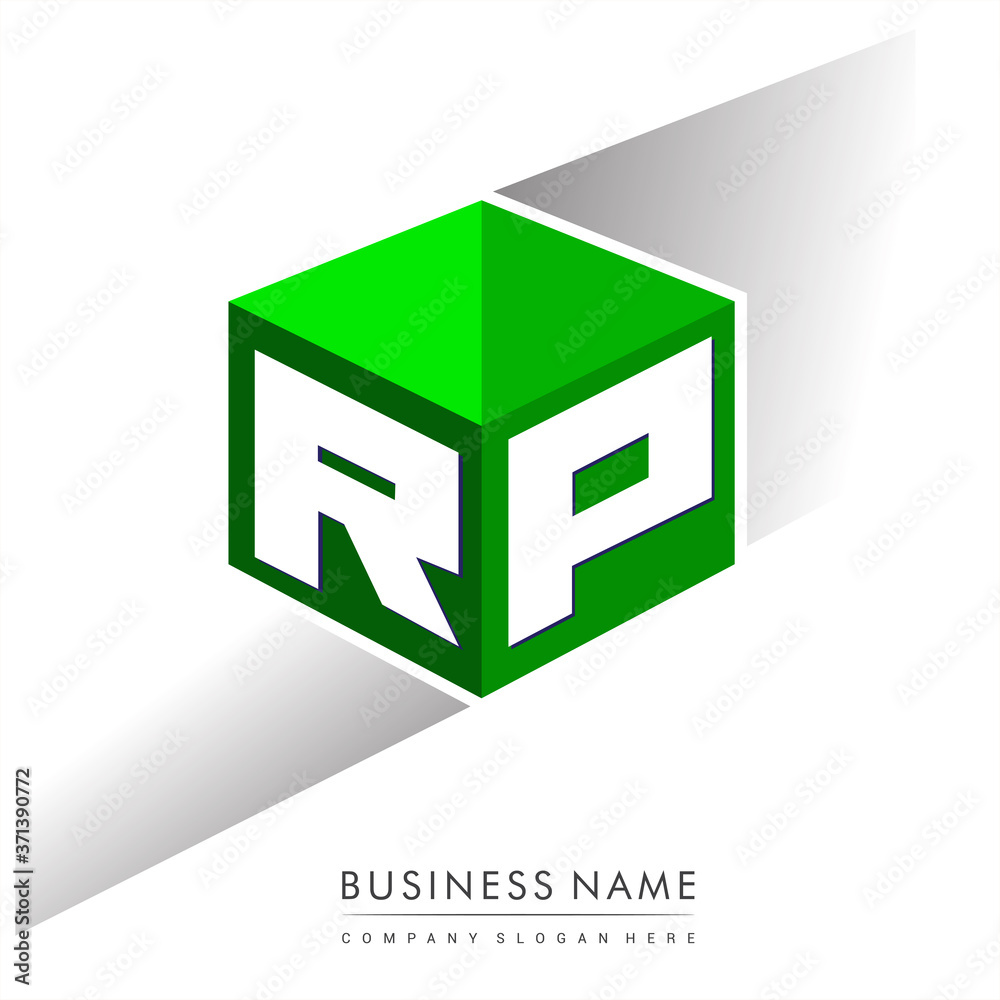 Letter RP logo in hexagon shape and green background, cube logo with ...