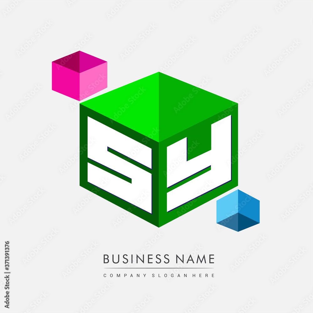 Letter SY logo in hexagon shape and green background, cube logo with ...