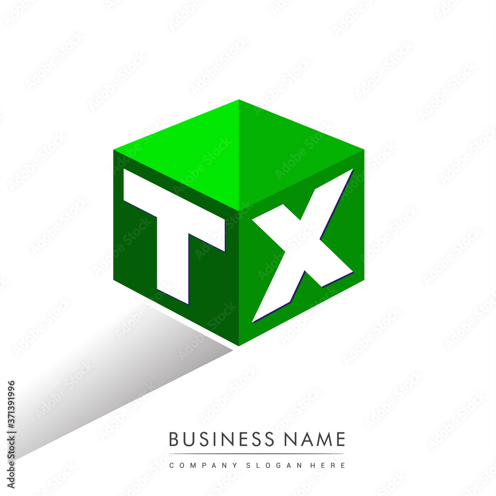 Letter TX logo in hexagon shape and green background, cube logo with ...