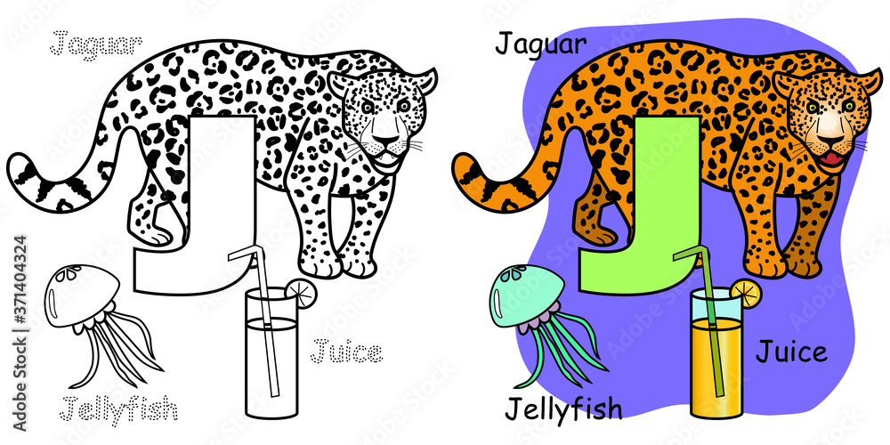 English alphabet coloring book for children. Letter J is for Jaguar ...