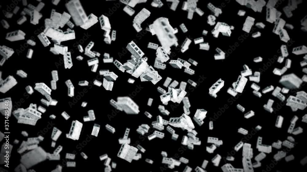Flying many concrete bricks on black background. Miniature model ...