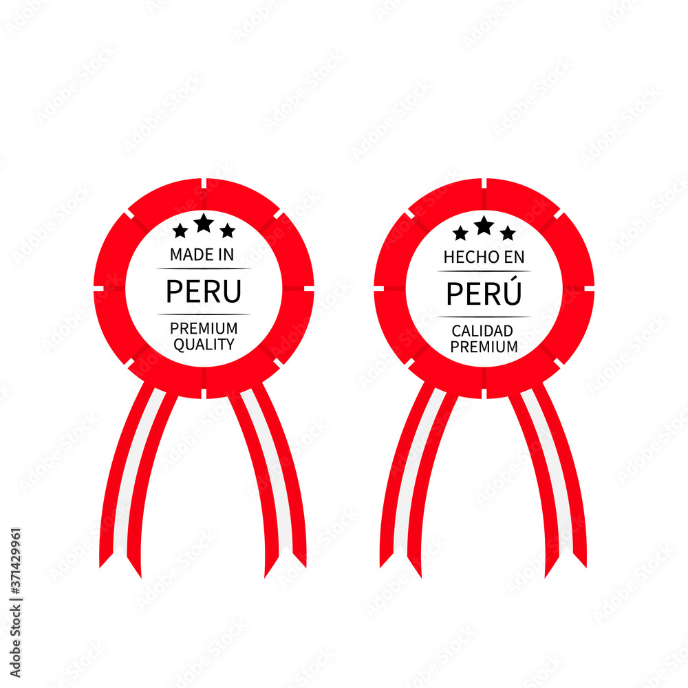 Made in Peru round labels in English and in Spanish languages . Quality ...