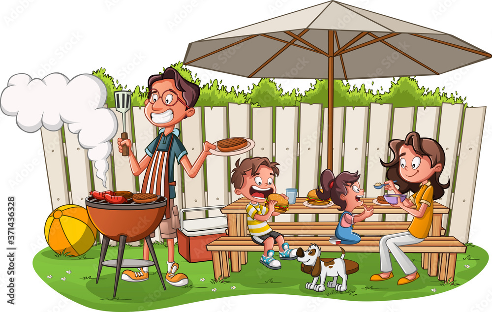 Cartoon family having barbecue. Family in the yard on a sunny day ...