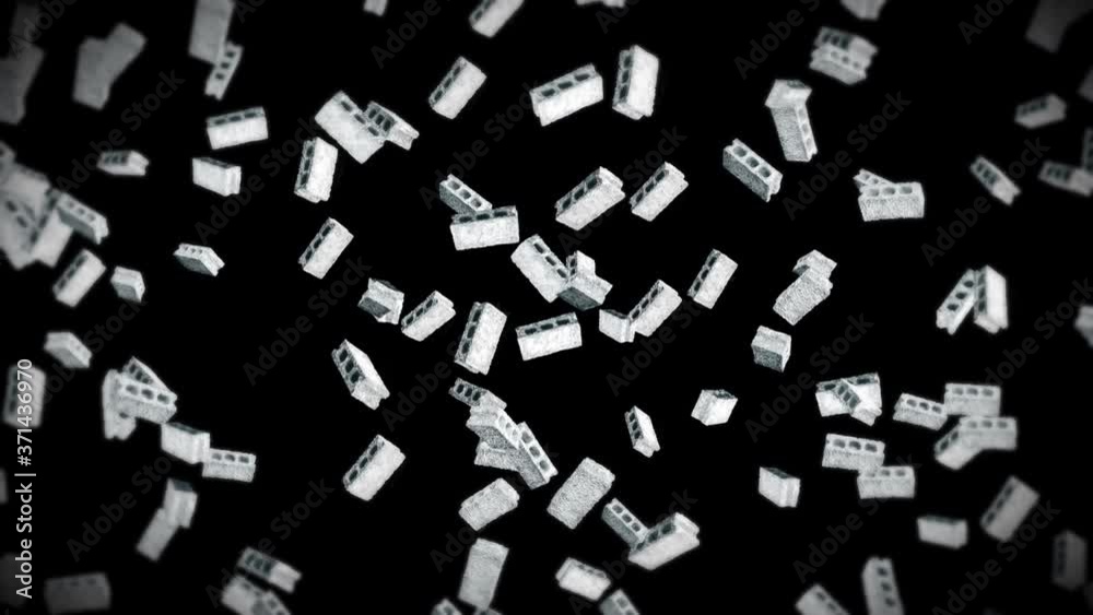 Flying many concrete bricks on black background. Miniature model ...