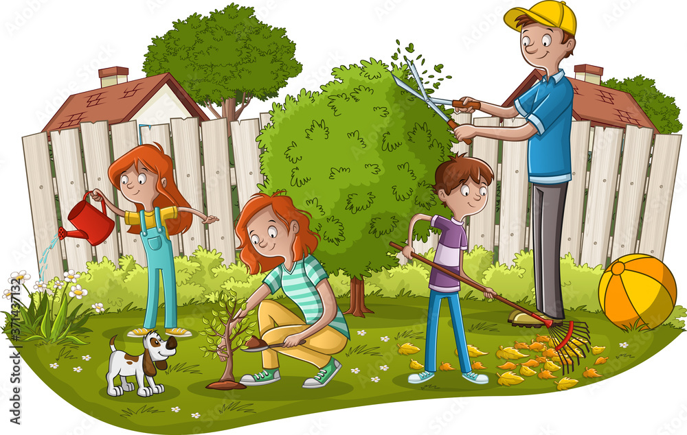Cartoon family gardening. People working in the garden. Stock Vector ...