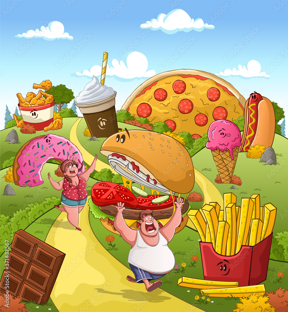 Couple of cartoon fat people running on a park with junk food. Obese ...