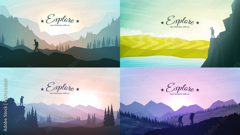 Vector landscapes set. Travel concept of discovering, exploring and ...