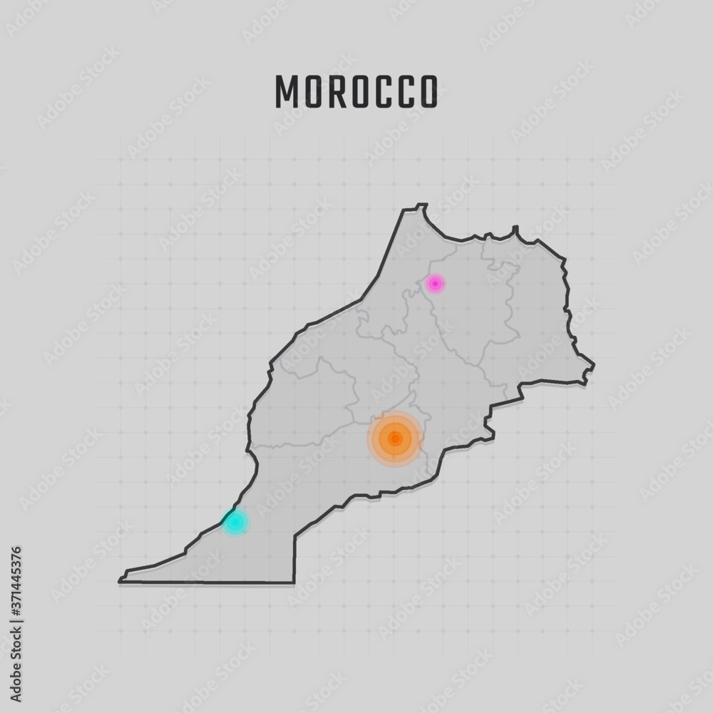 Map of Morocco with all states and radar spot on map. Each city has ...