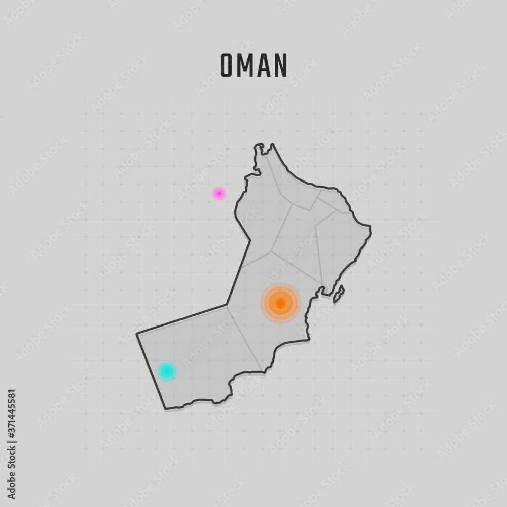 Map of Oman with all states and radar spot on map. Each city has ...
