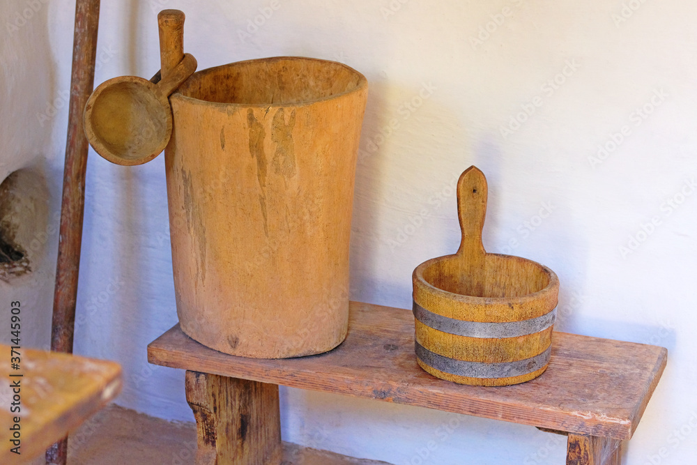 Authentic kitchenware in the house of a poor peasant in the rustic ...