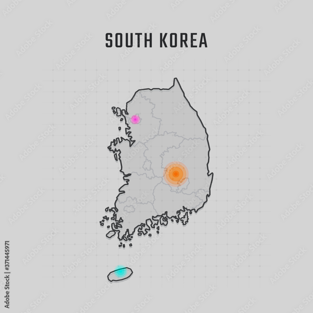 Map of South Korea with all states and radar spot on map. Each city has ...