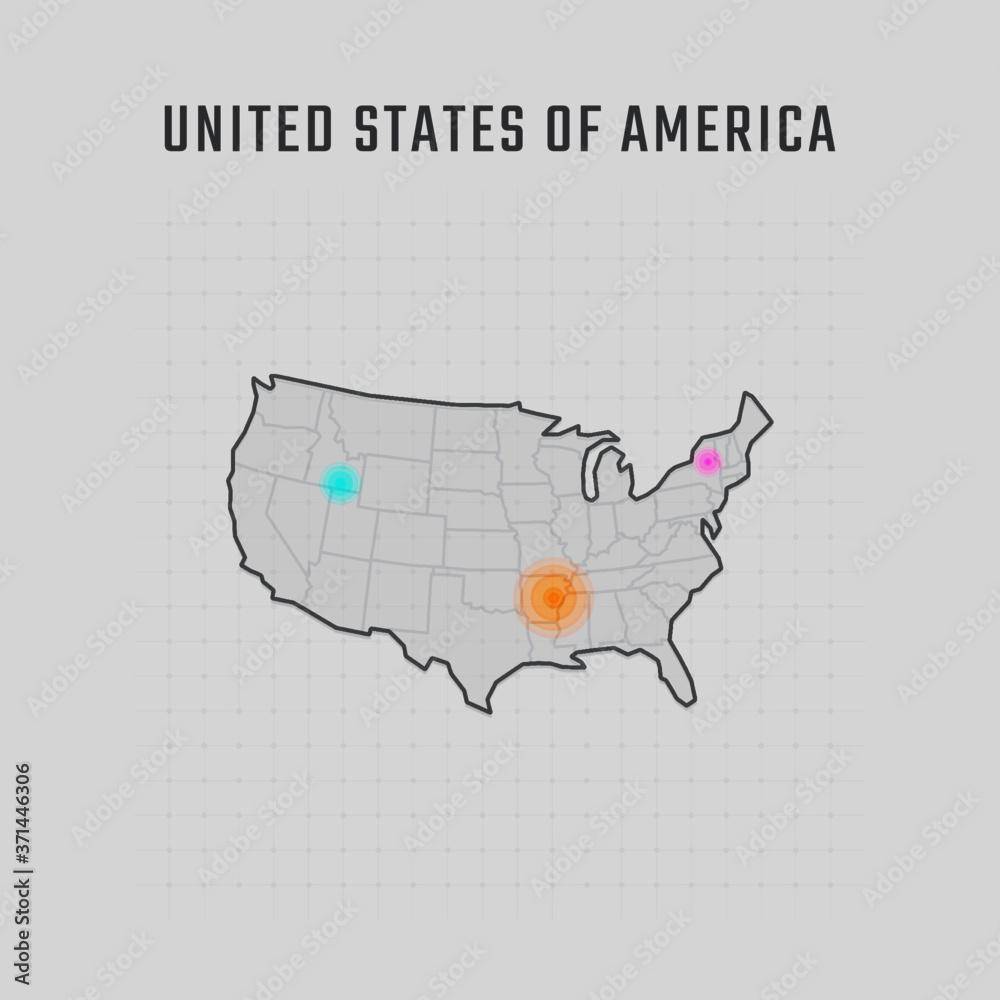 Map of United States (USA) with all states and radar spot on map. Each ...
