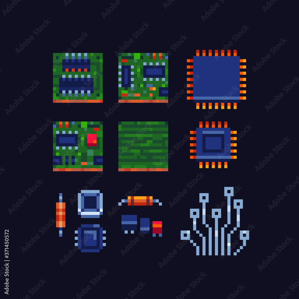 Vektorová grafika „Technology laptop chip. Electronics pixel art icons ...