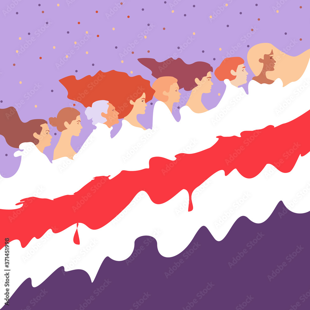 Belarus women standing together and covering by Belarus opposition flag ...