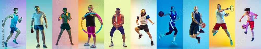 Sport collage of professional athletes or players, sportsmen on ...