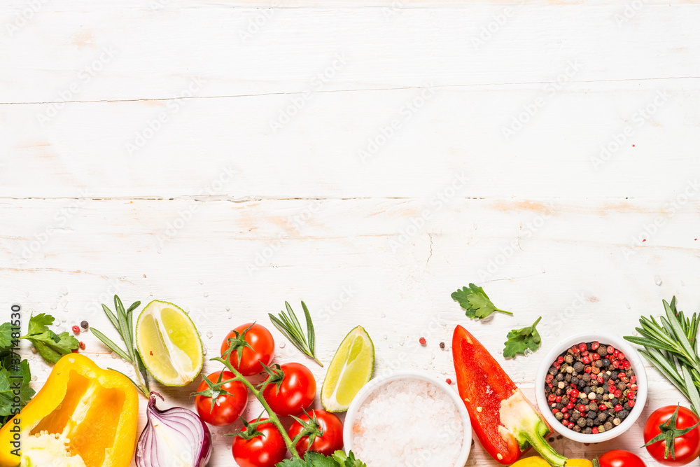 Food cooking background on white wooden table. Stock Photo | Adobe Stock