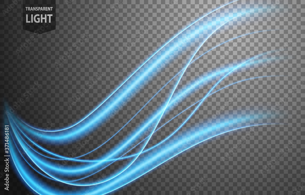 Abstract blue wavy line of light with a transparent background ...