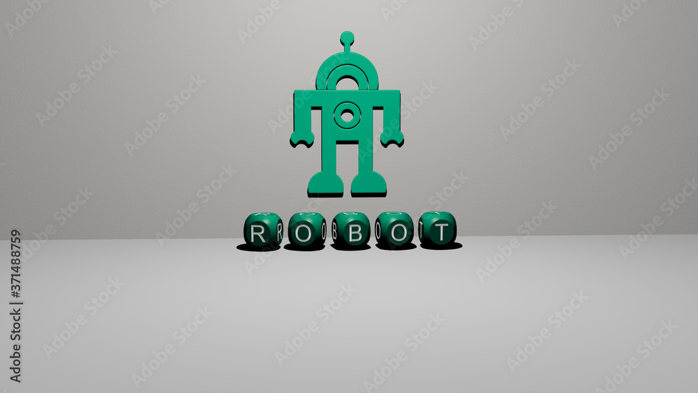 ROBOT 3D icon on the wall and text of cubic alphabets on the floor - 3D ...